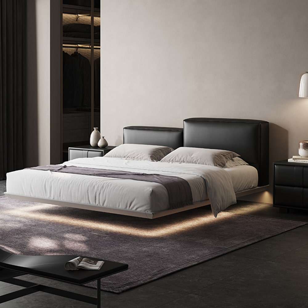 Cariad Technical Fabric Modern High-Low Headboard Floating Bed Frame ...