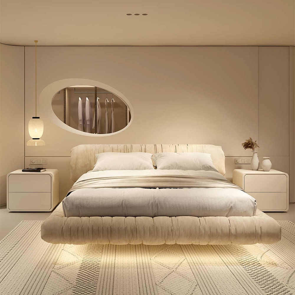 Clove Rolled Upholstered Headboard Modern Velvet Fabric Floating Bed F ...