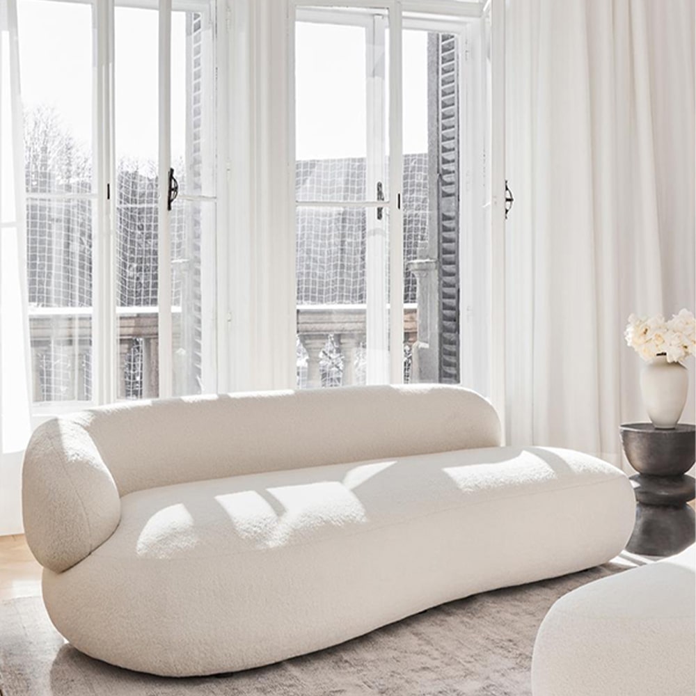 Dileas White Boucle Curved 3 Seater Sofa Round Shaped Minimalist Couch ...