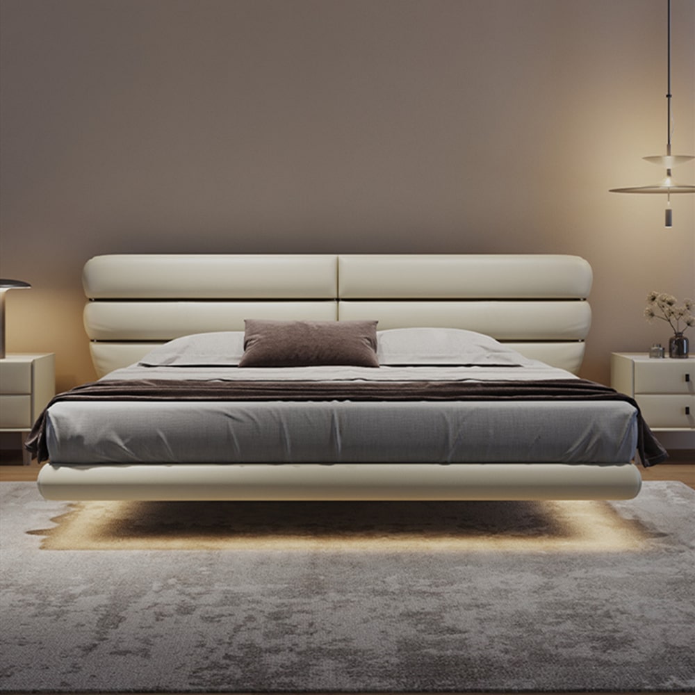 Javion Microfiber Leather Curved Headboard Modern Floating Bed Frame ...