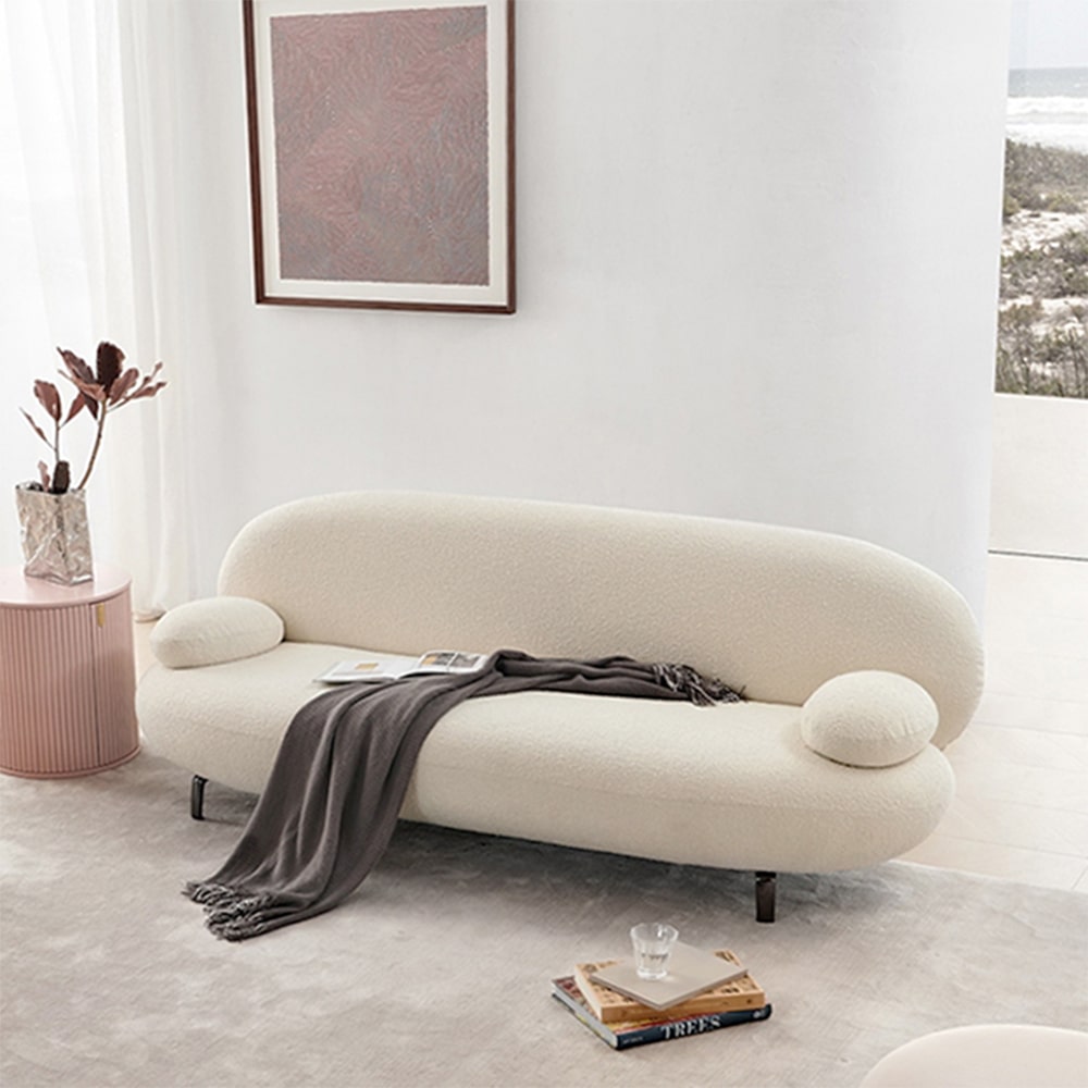 Nina Boucle Fabric White 3 Seater Sofa Round Shaped Couch – CASVADA