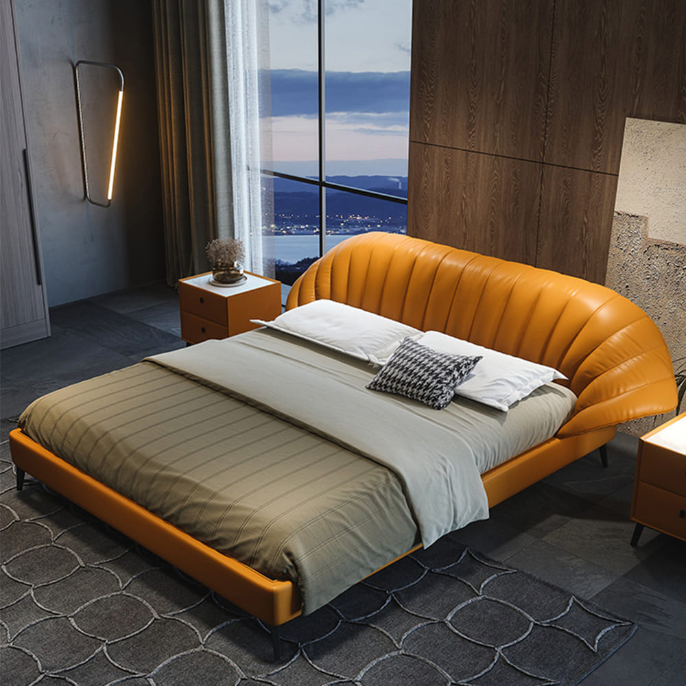 Rachal Sector Shaped Headboard Calf Leather Bed Frame – CASVADA