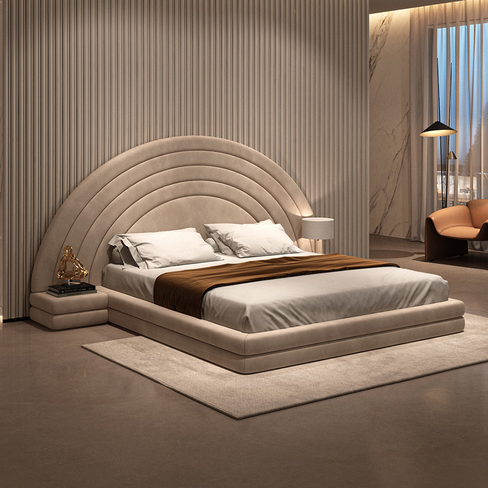 David Suede Fabric Wide Curved Headboard Bed Frame with Bedside Table ...