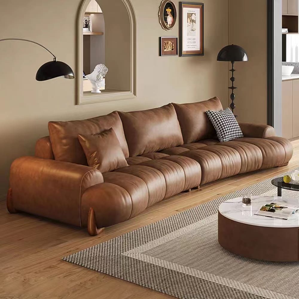 Patty Black Calf Leather 3 Seater Sofa Puff Curved Couch – CASVADA