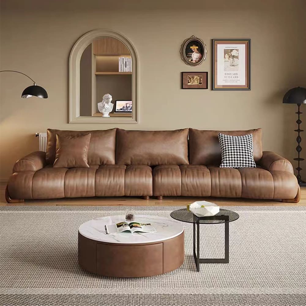 Patty Black Calf Leather 3 Seater Sofa Puff Curved Couch – CASVADA