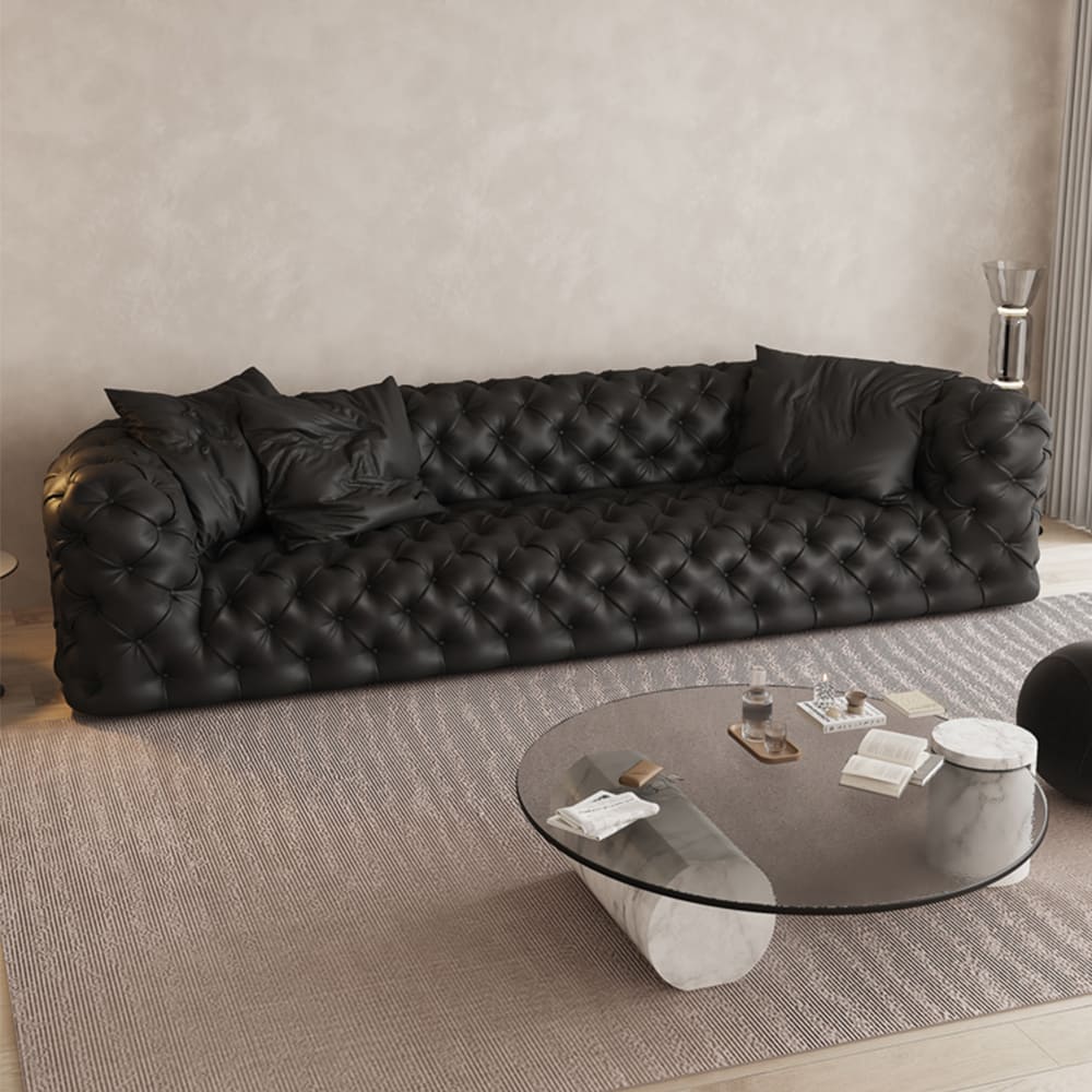 Simone Black Calf Leather 4 Seater Sofa Buckle Surface Couch – CASVADA