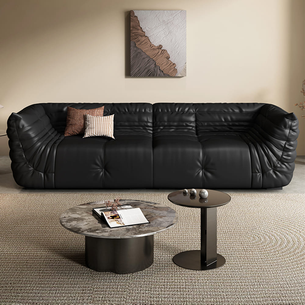 Tatami Black Calf Leather 3 Seater Sofa Pleated Shaped Armrest Couch ...